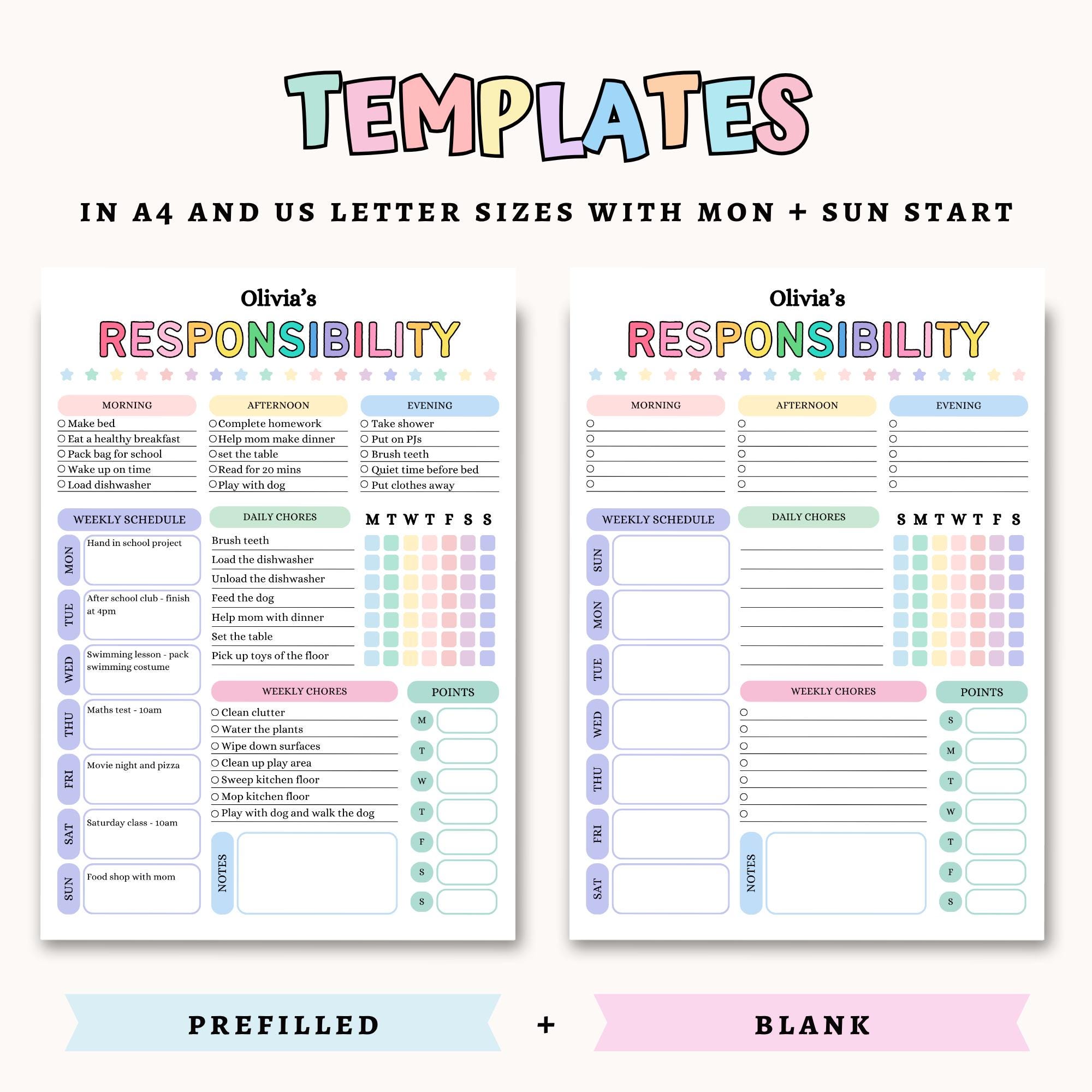Editable Kids Responsibility Chart Printable | Chore Chart | Daily ...