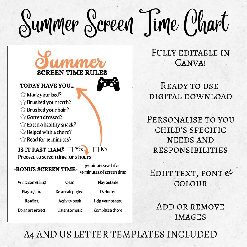 Summer Screen Time Rules Printable Screen Time Checklist Editable ...