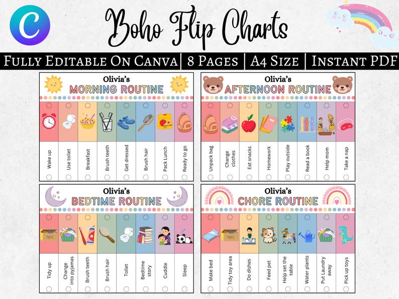Kids Boho Flip Routine Chart Editable Printable, Morning Evening ...