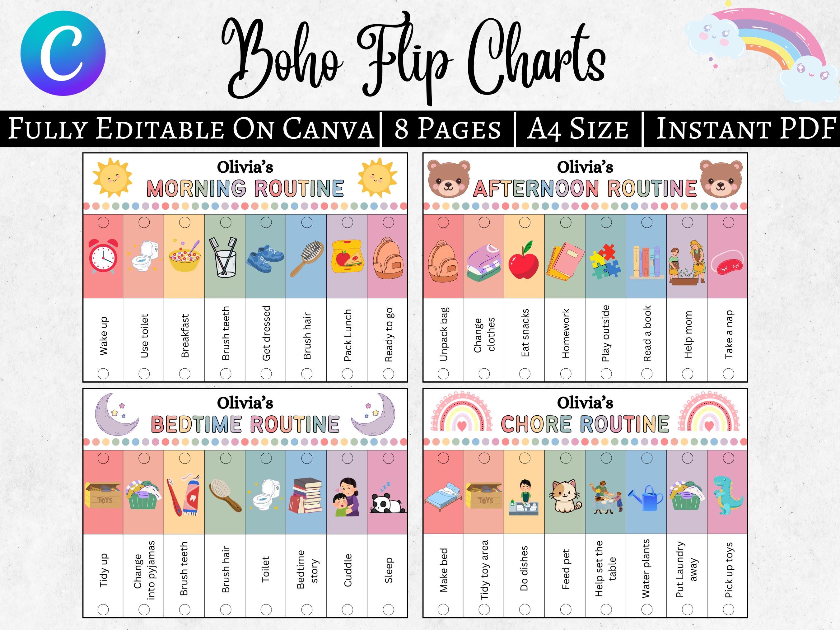 Kids Boho Flip Routine Chart Editable Printable, Morning Evening ...