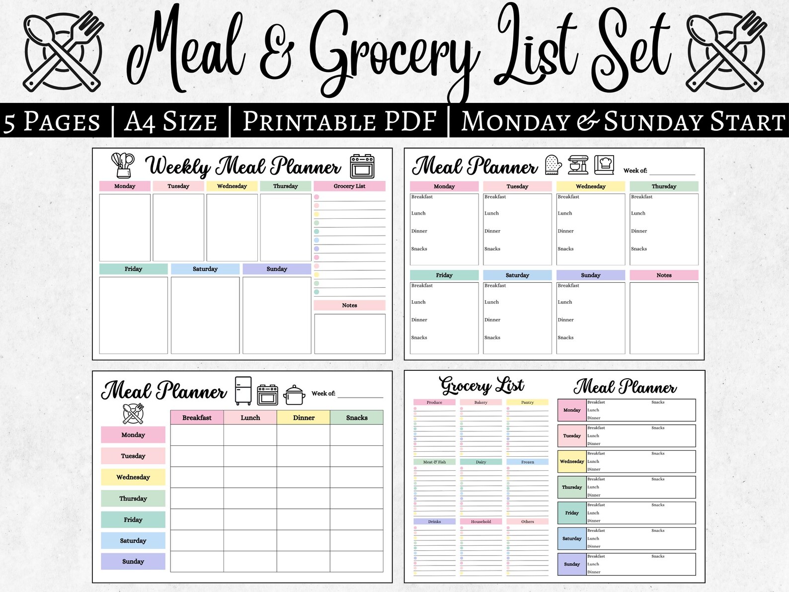 Weekly Meal Planner and Shopping List Printable, Meal Prep and Grocery ...