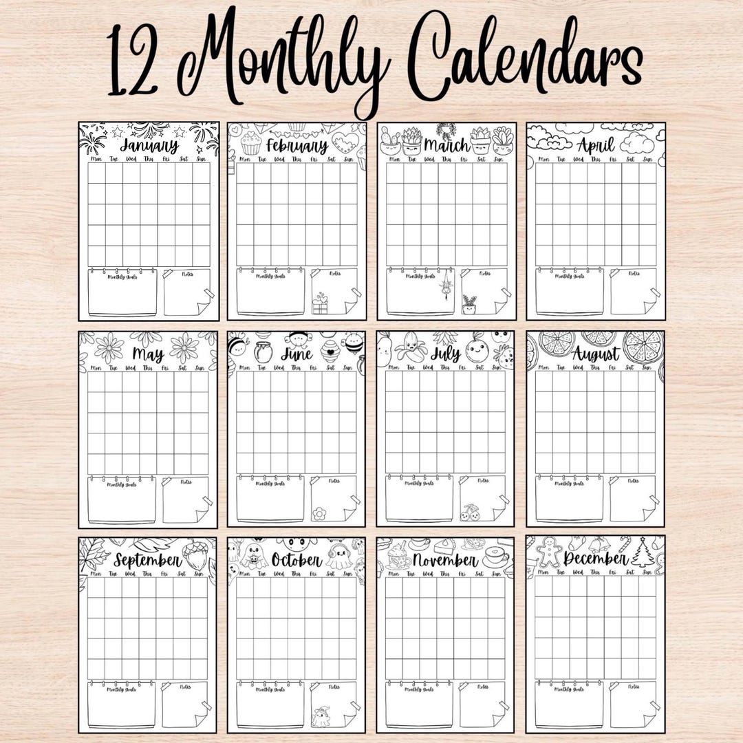 12 Month Calendar, Journal Calendar Template, Monthly Planner ...