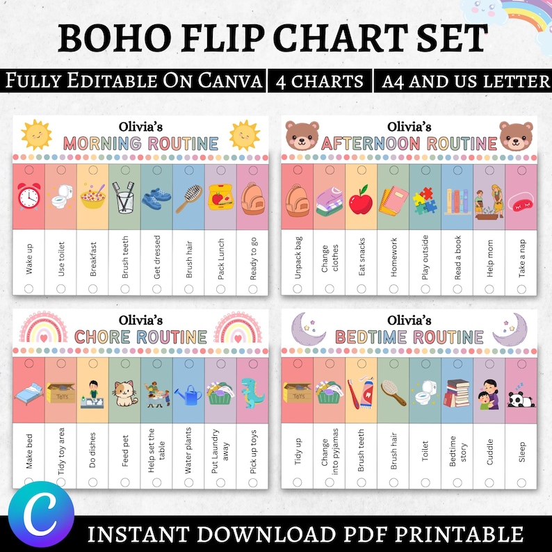 Kids Boho Flip Routine Chart Editable Printable, Morning Evening ...
