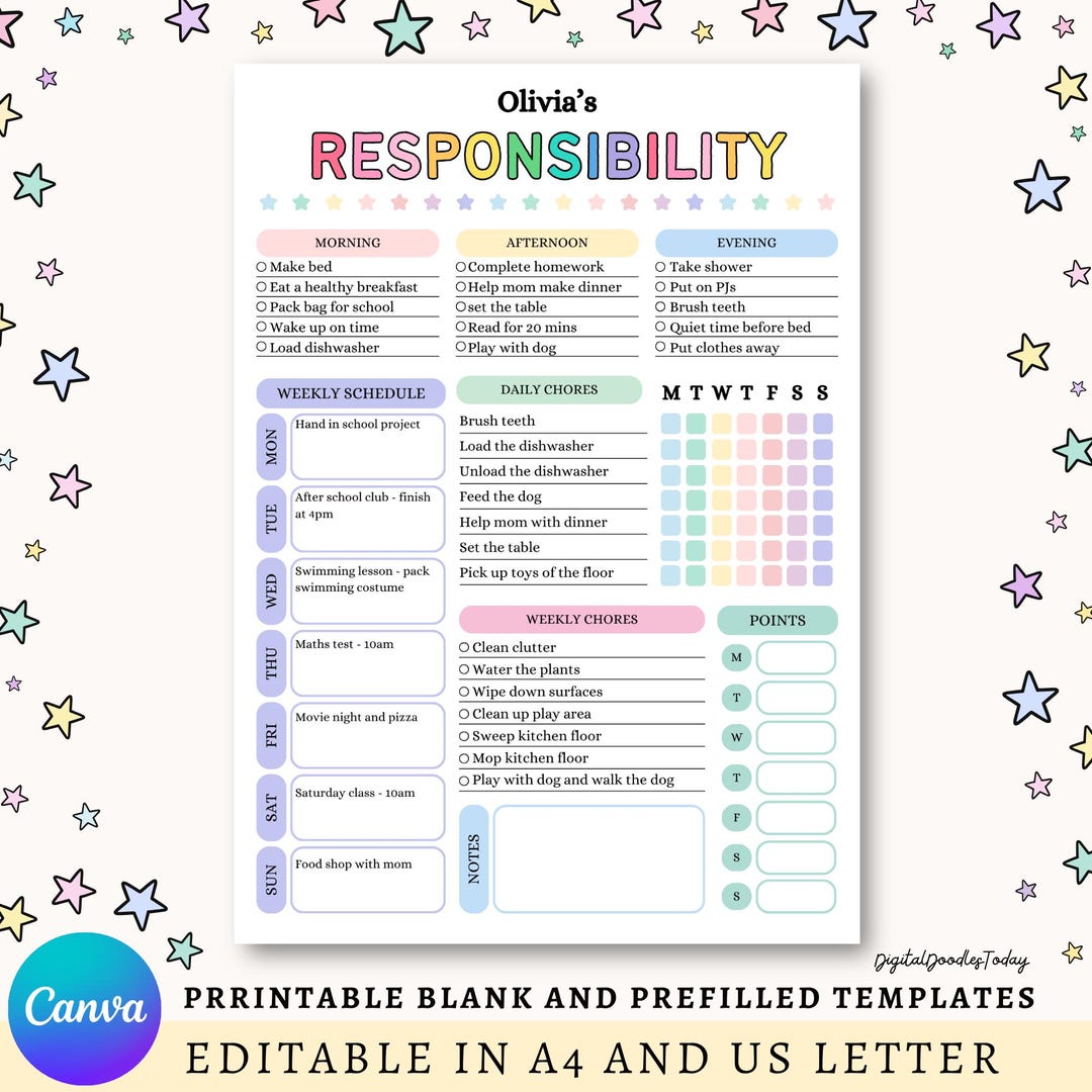 Editable Kids Responsibility Chart Printable | Chore Chart | Daily ...