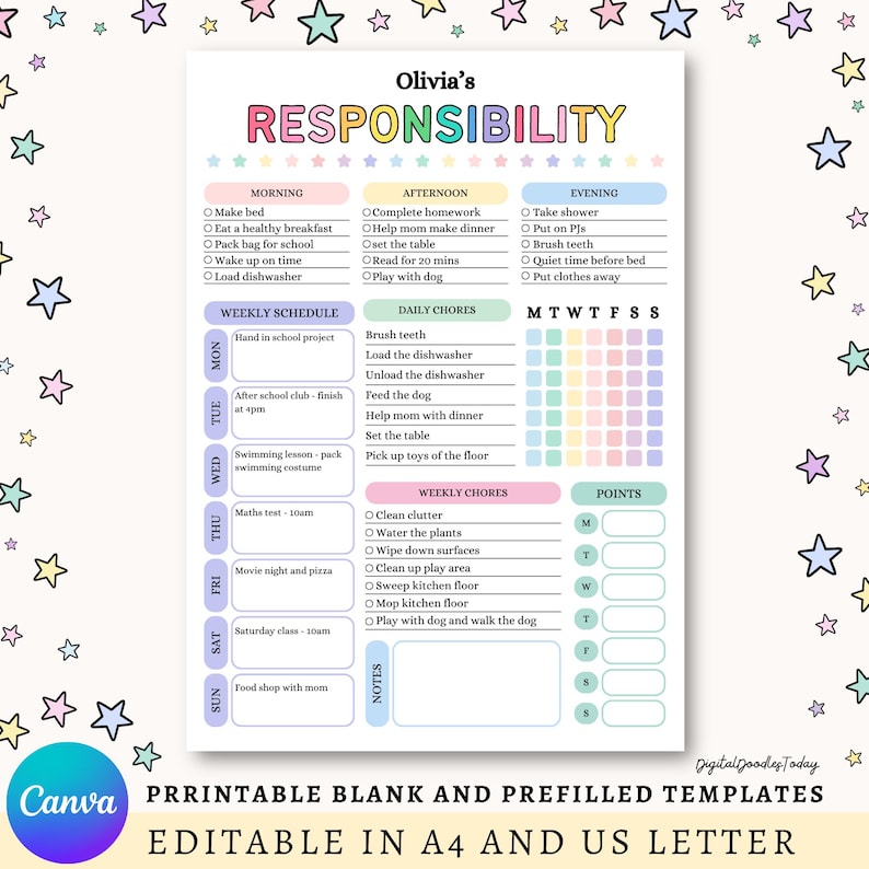 Editable Kids Responsibility Chart Printable | Chore Chart | Daily ...