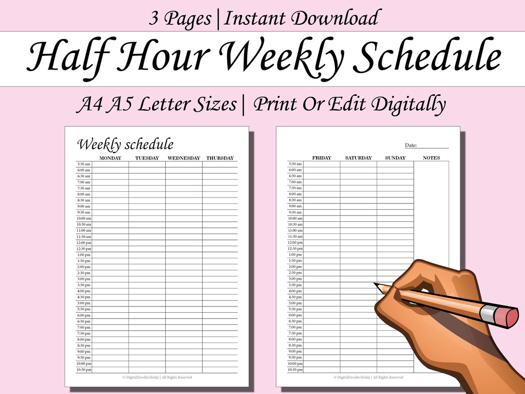 Half Hour Weekly Schedule on 2 Pages Weekly Planner - Etsy