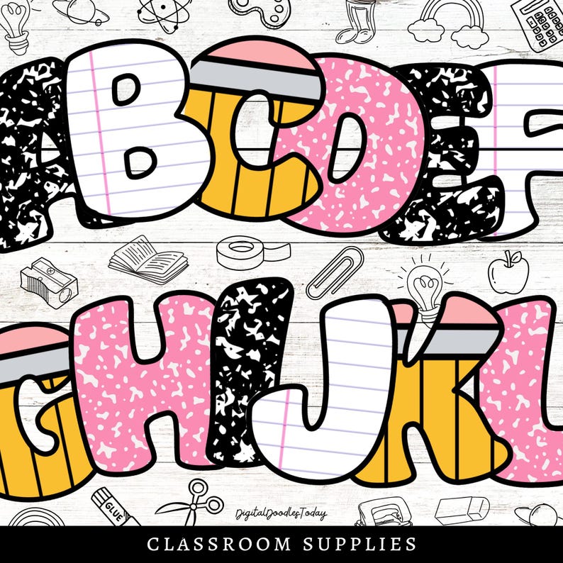 School Supply Bulletin Board Alphabet Letters Classroom Decor Teacher ...