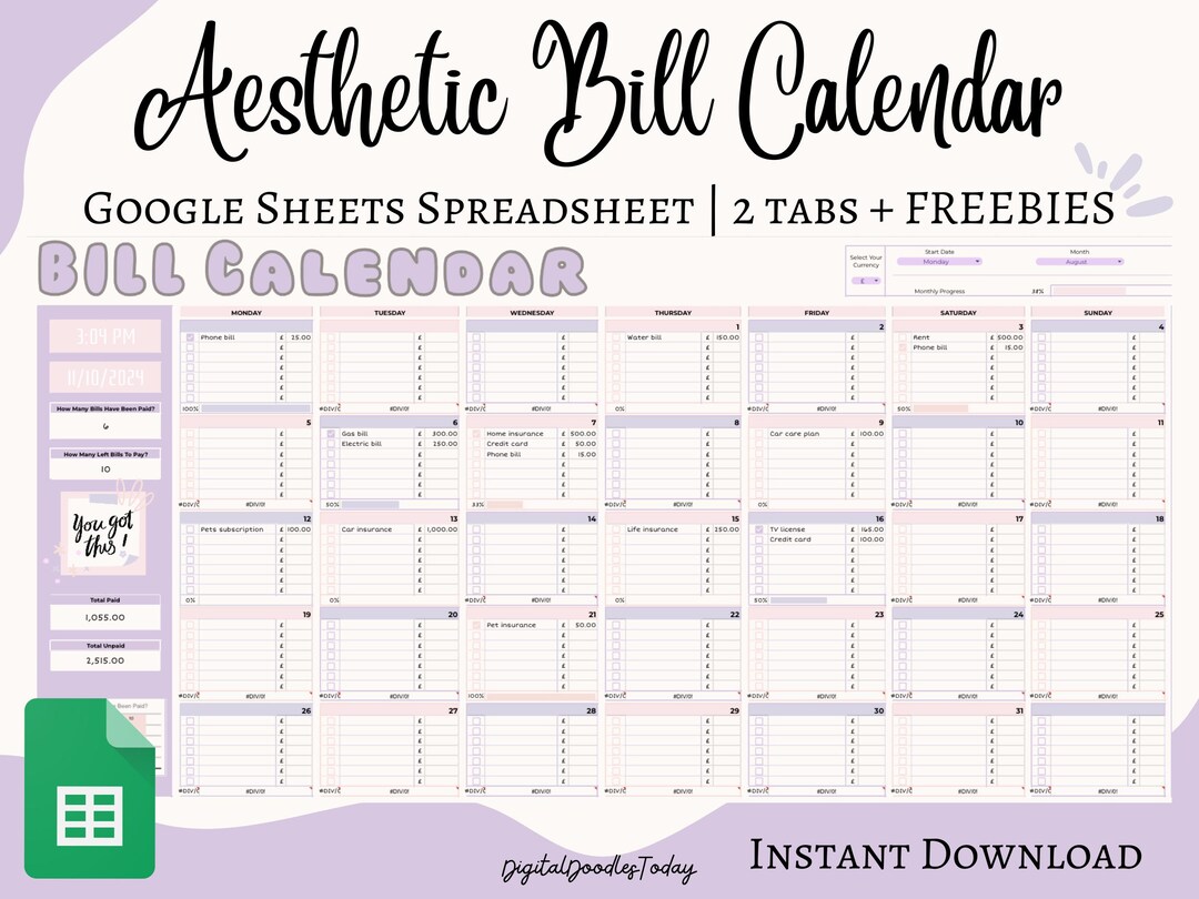 Bill Tracker Spreadsheet Google Sheets Bill Calendar Monthly Smart Bill ...