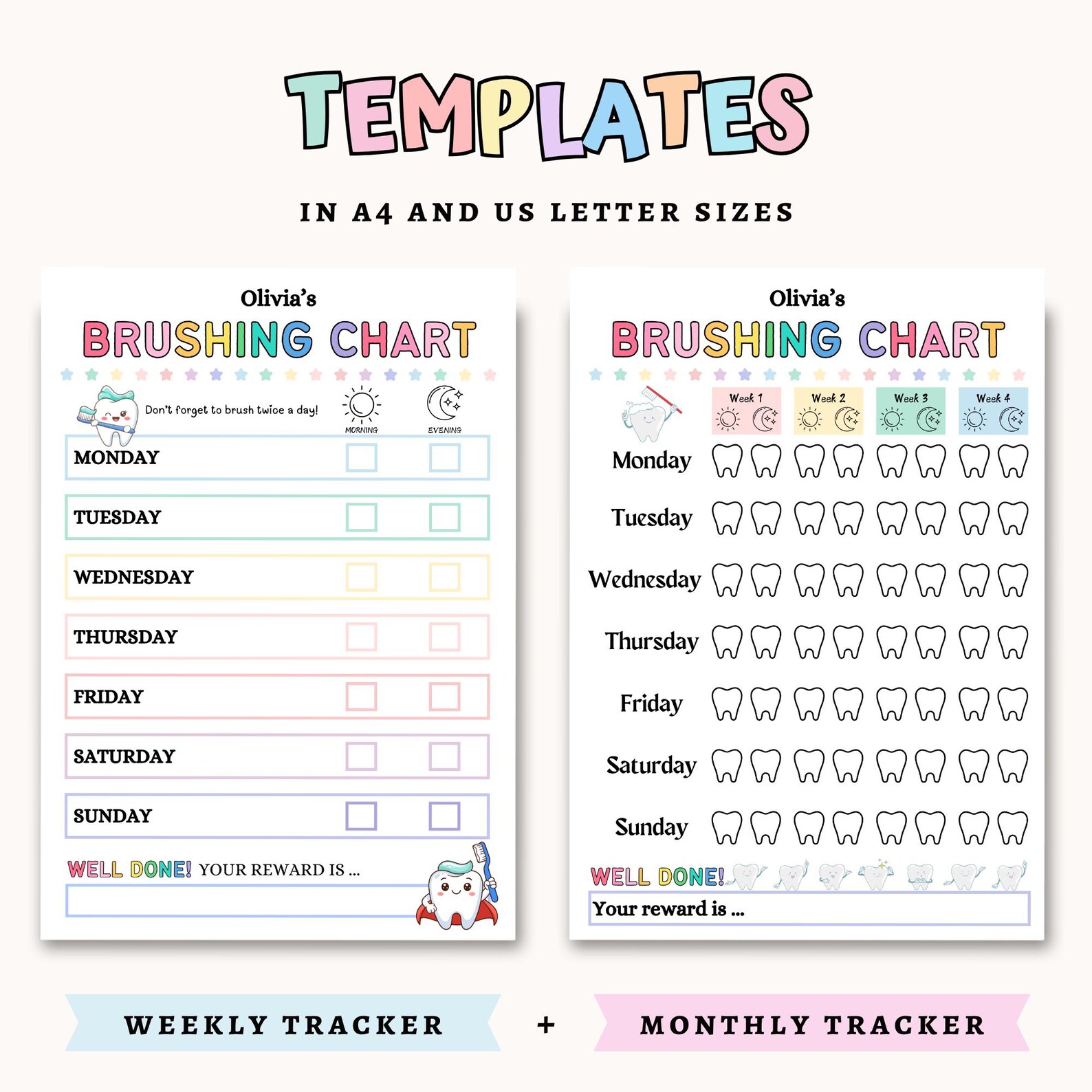 Editable Kids Brushing Teeth Chart, Printable Brushing My Teeth Chart ...