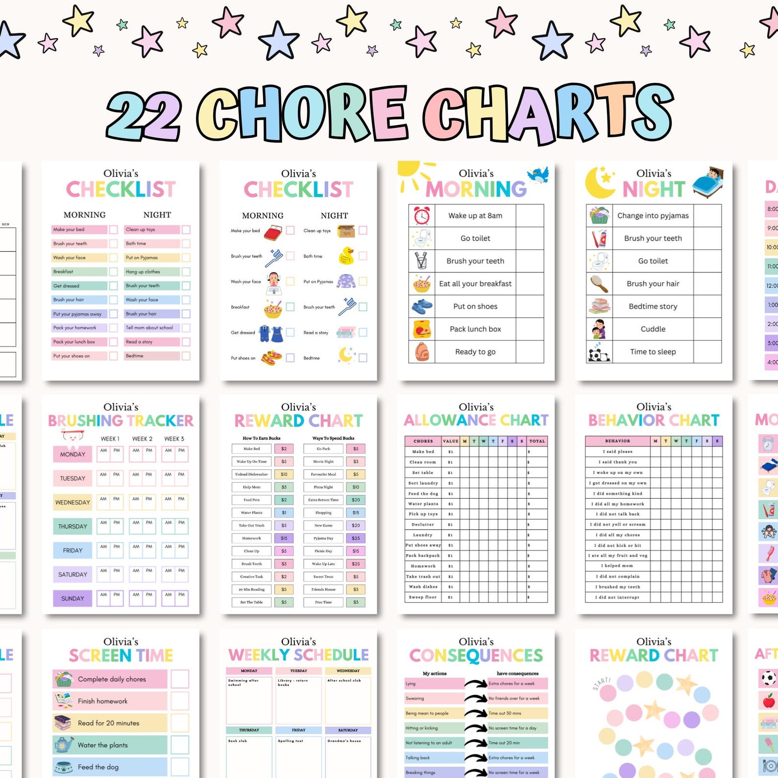 Editable Kids Chore Chart Bundle, School, Reward, Allowance, Daily ...