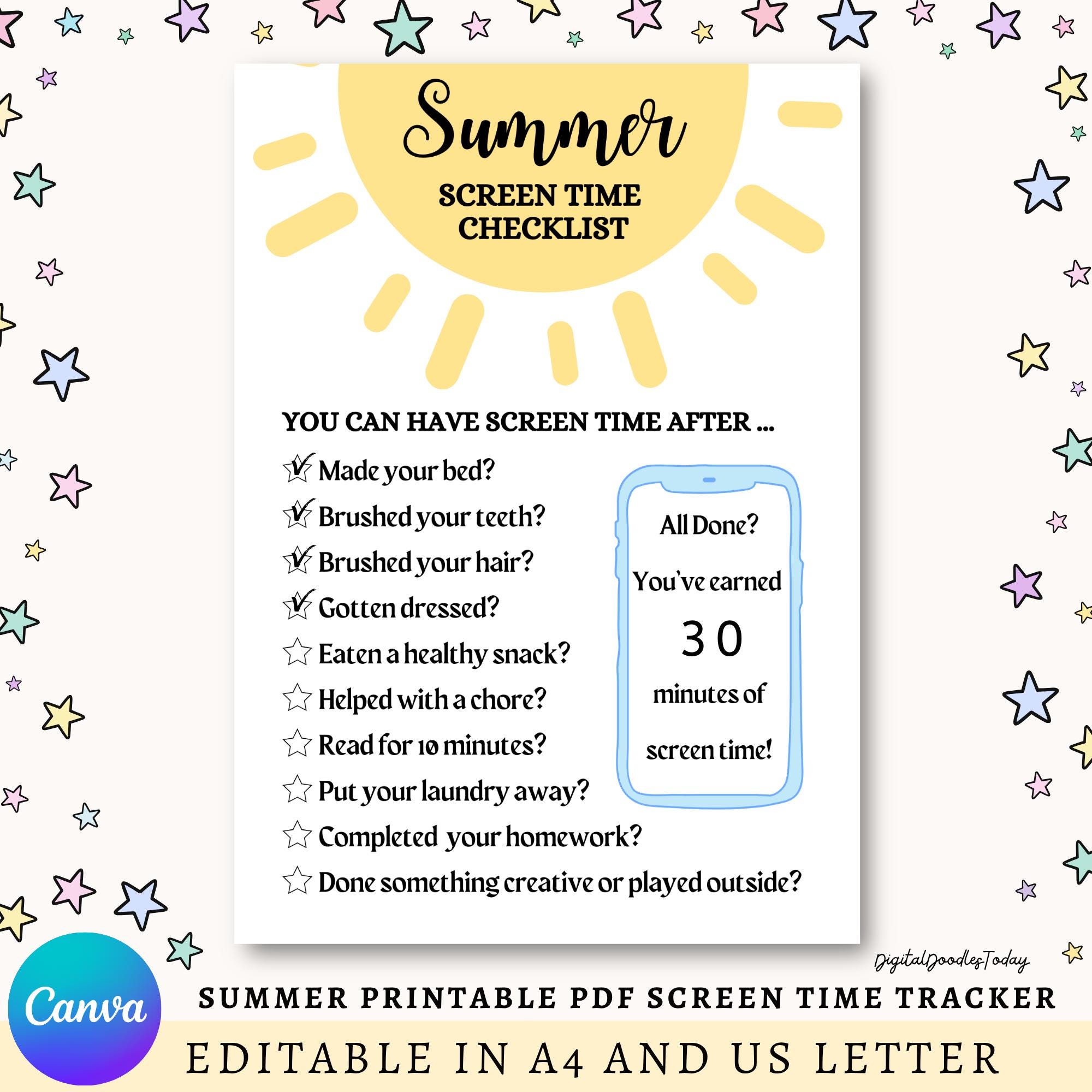 Editable Summer Screen Time Checklist for Kids | Printable Screen Time ...