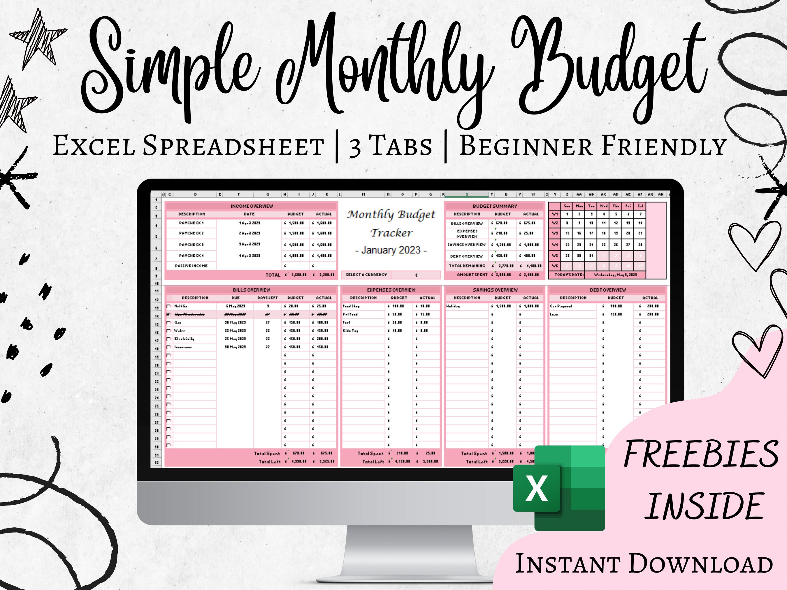Monthly Budget Excel Spreadsheet Budget Pink Spreadsheet Pink Purple ...