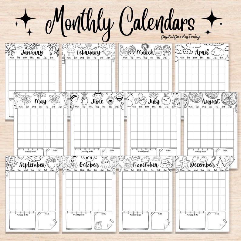 12 Month Calendar, Journal Calendar Template, Monthly Planner ...