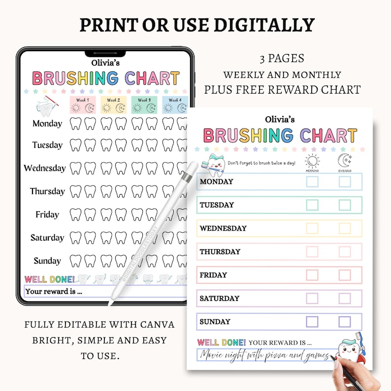 Editable Kids Brushing Teeth Chart, Printable Brushing My Teeth Chart ...