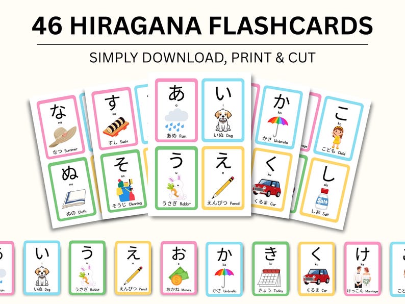 Japanese Hiragana Flashcards, Hiragana Printable Flashcards, Japanese ...