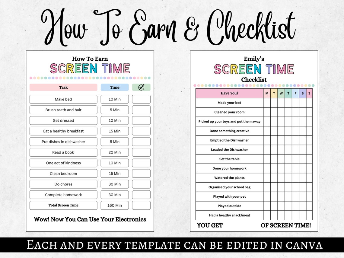 Editable Screen Time Checklist, Screen Time Rules,screen Time Chore ...