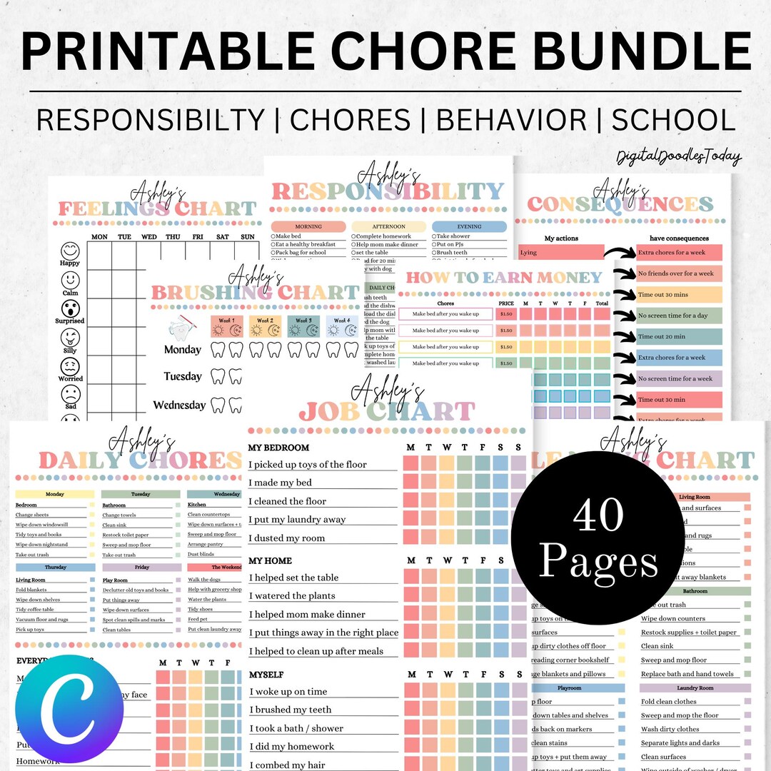 Editable Kids Chore Chart Bundle, Reward Allowance Behavior Consequence ...