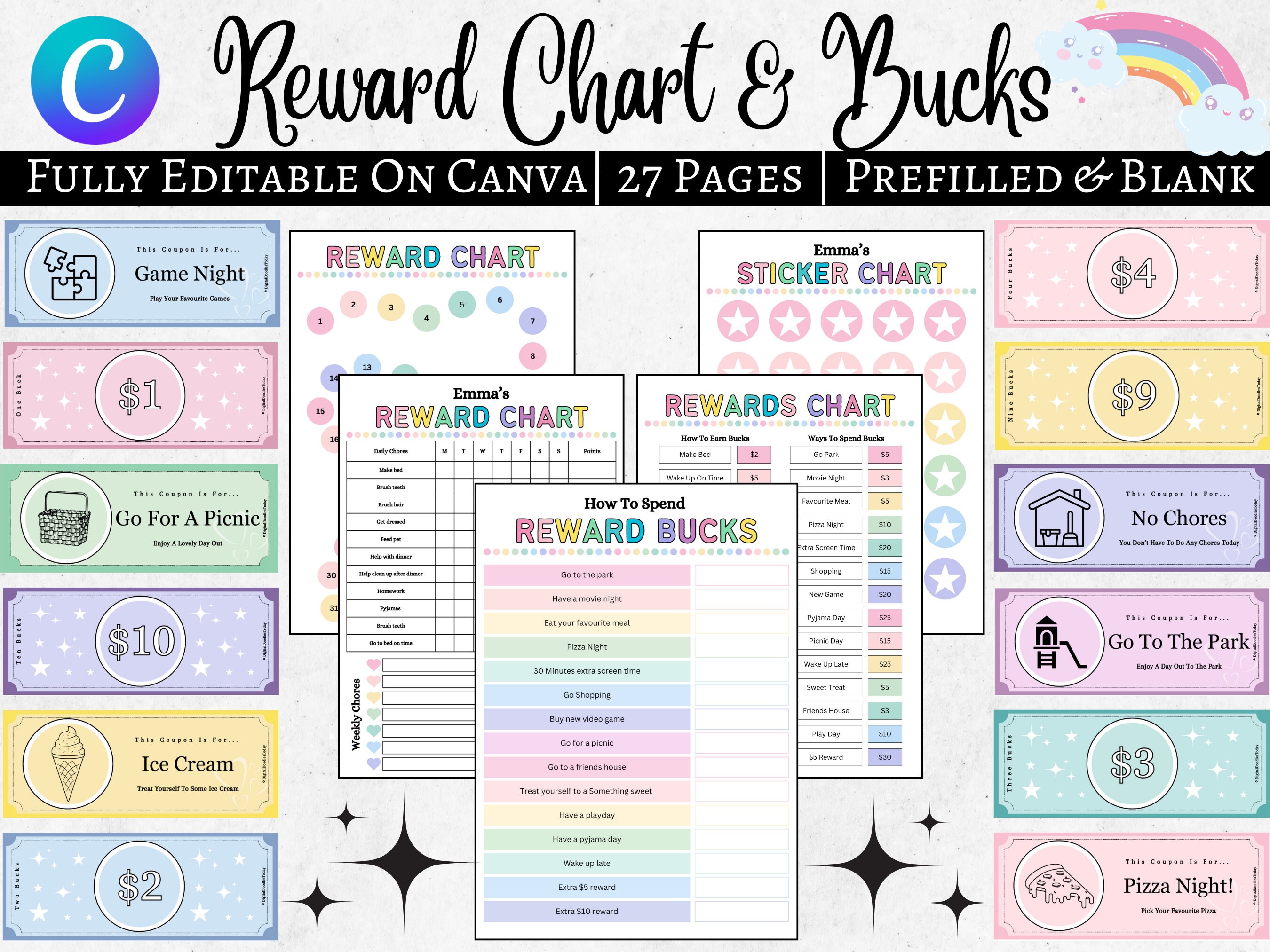 Editable Kids Reward Bucks and Chart,reward Coupons for Kids,mom Bucks ...
