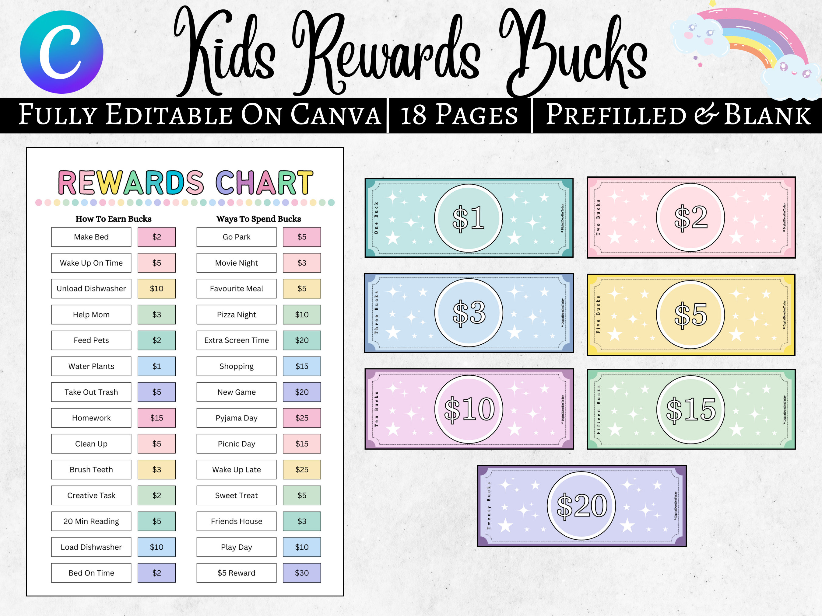 Editable Kids Reward Bucks Printable Mom Bucks, PDF Reward System for ...