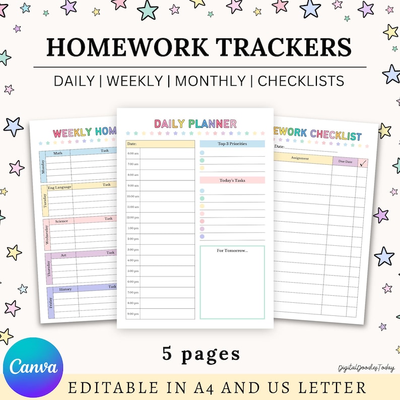 Editable Homework Planner Checklist | Printable Kids Homework Trackers ...