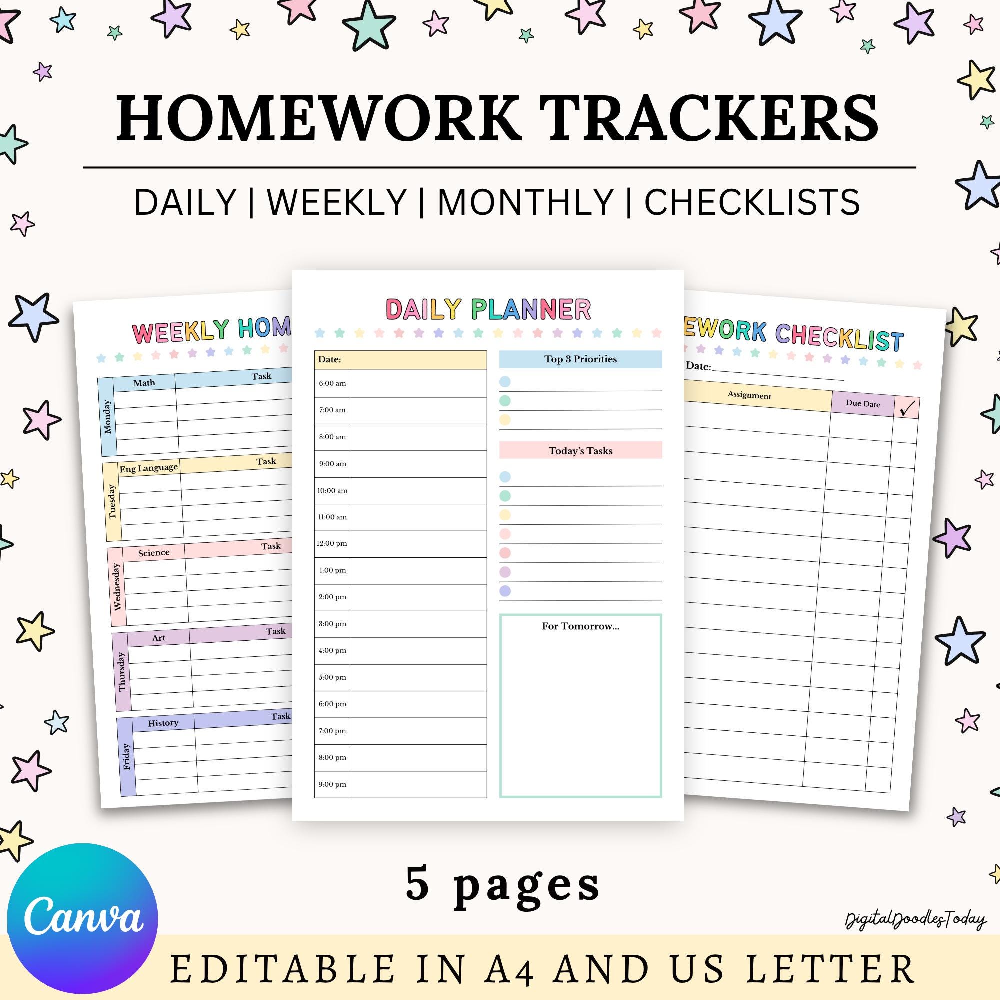 Editable Homework Planner Checklist | Printable Kids Homework Trackers ...