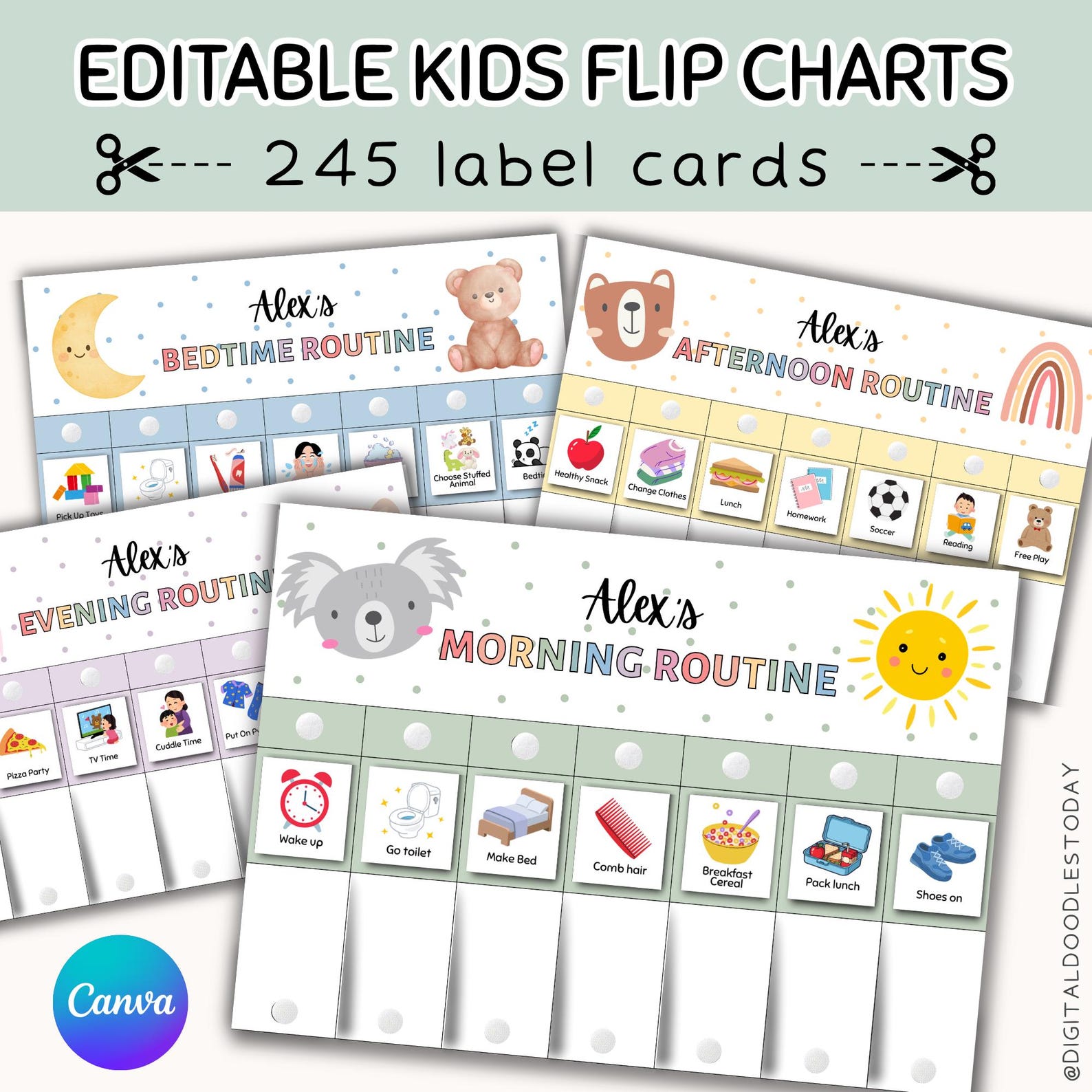 Editable Kids Flip Routine Chart, Printable Morning Evening Bedtime ...
