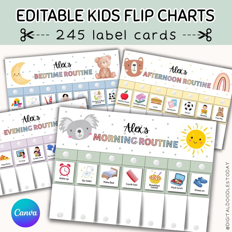 Editable Kids Flip Routine Chart, Printable Morning Evening Bedtime ...