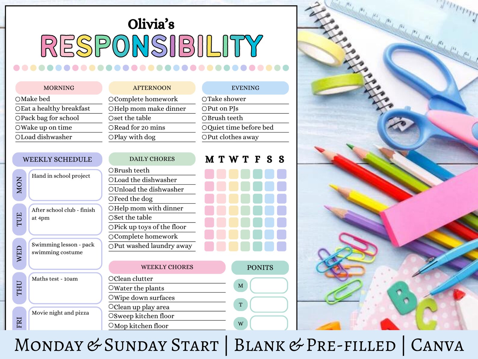 Editable Responsibility Chore Chart for Kids Printable Kids Daily ...