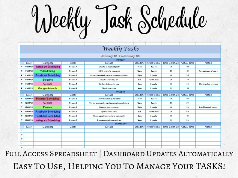 Virtual Assistant Organiser | Weekly Google Spreadsheet | Work Hours ...