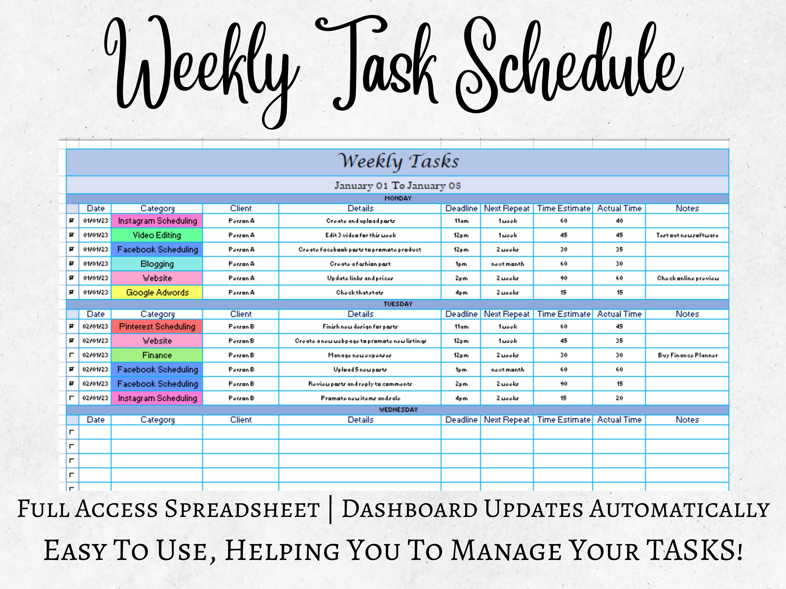Virtual Assistant Organiser | Weekly Google Spreadsheet | Work Hours ...