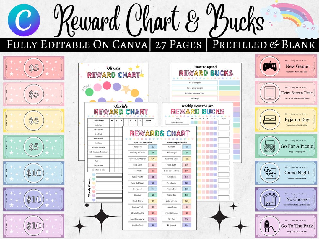 Editable Kids Reward Bucks and Chart,reward Coupons for Kids,mom Bucks ...