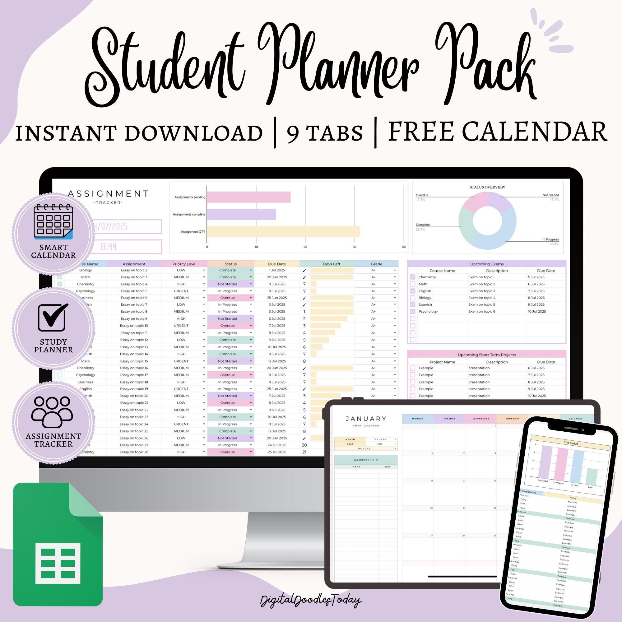 Academic Student Planner Spreadsheet, School Assignment Tracker Google ...