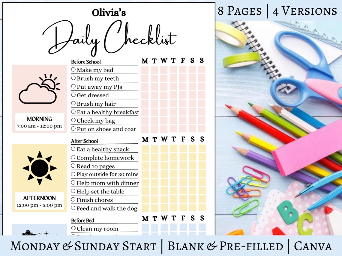 Editable Daily Checklist for Kids, Responsibility Chart, to Do List ...