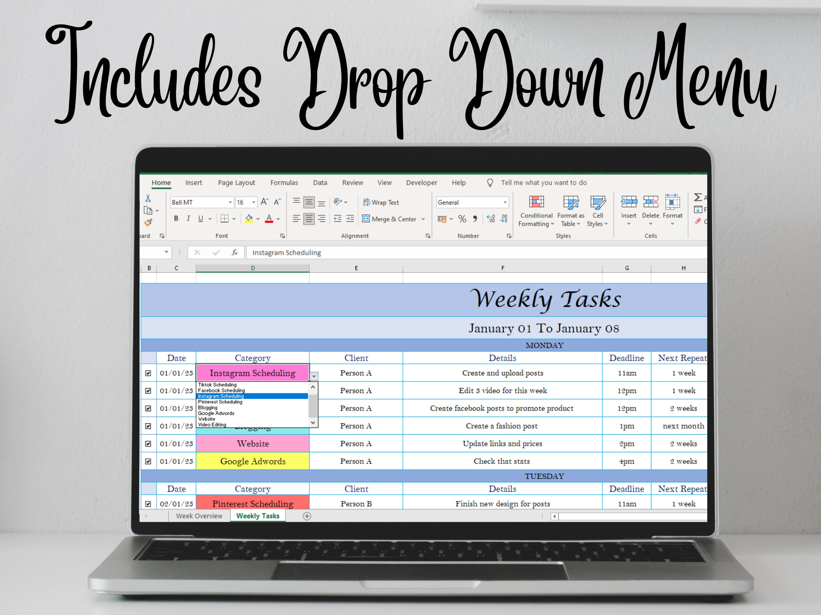 Virtual Assistant Organiser Weekly Excel Spreadsheet Work Hours Tracker ...