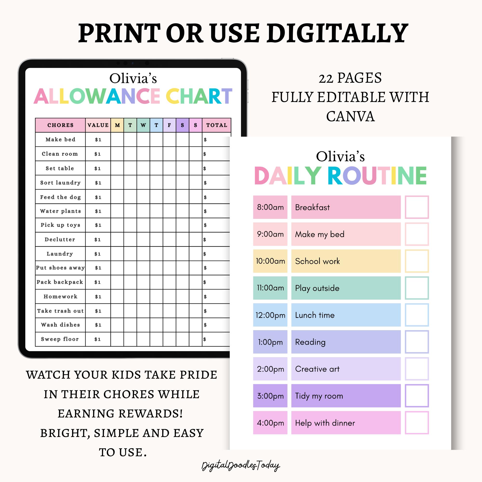 Editable Kids Chore Chart Bundle, School, Reward, Allowance, Daily ...