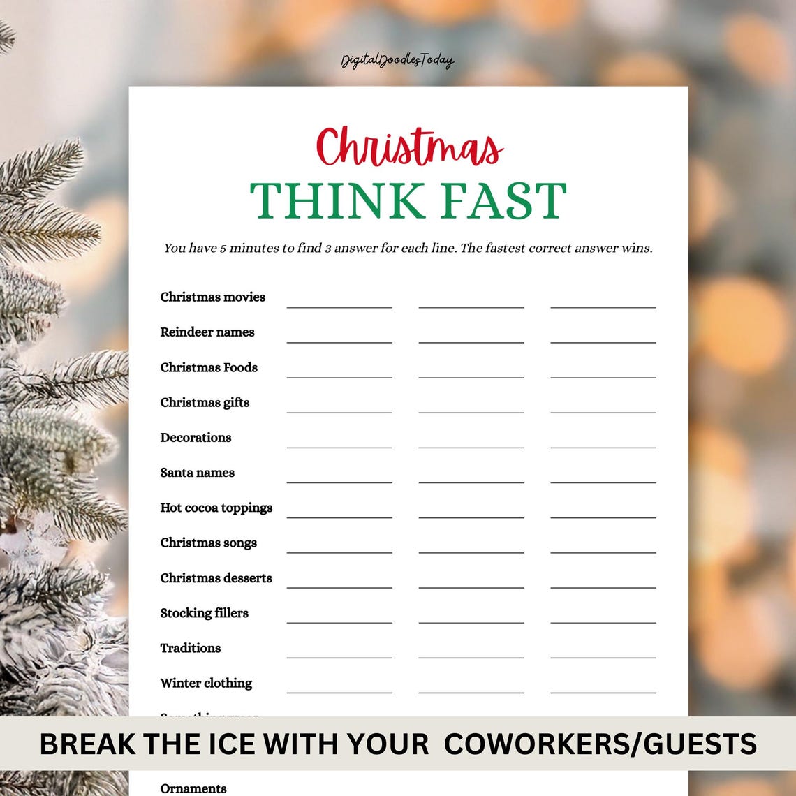 Think Fast Printable Game, Holiday Party Game, Christmas Printable Game ...