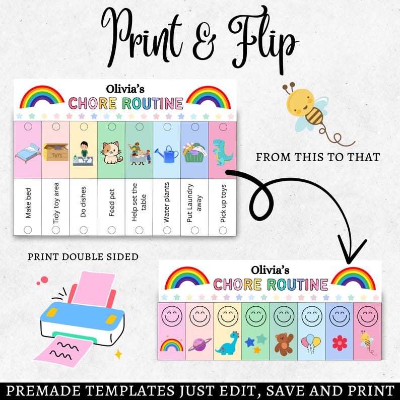 Kids Flip Routine Chart Editable Printable, Morning Evening Bedtime ...