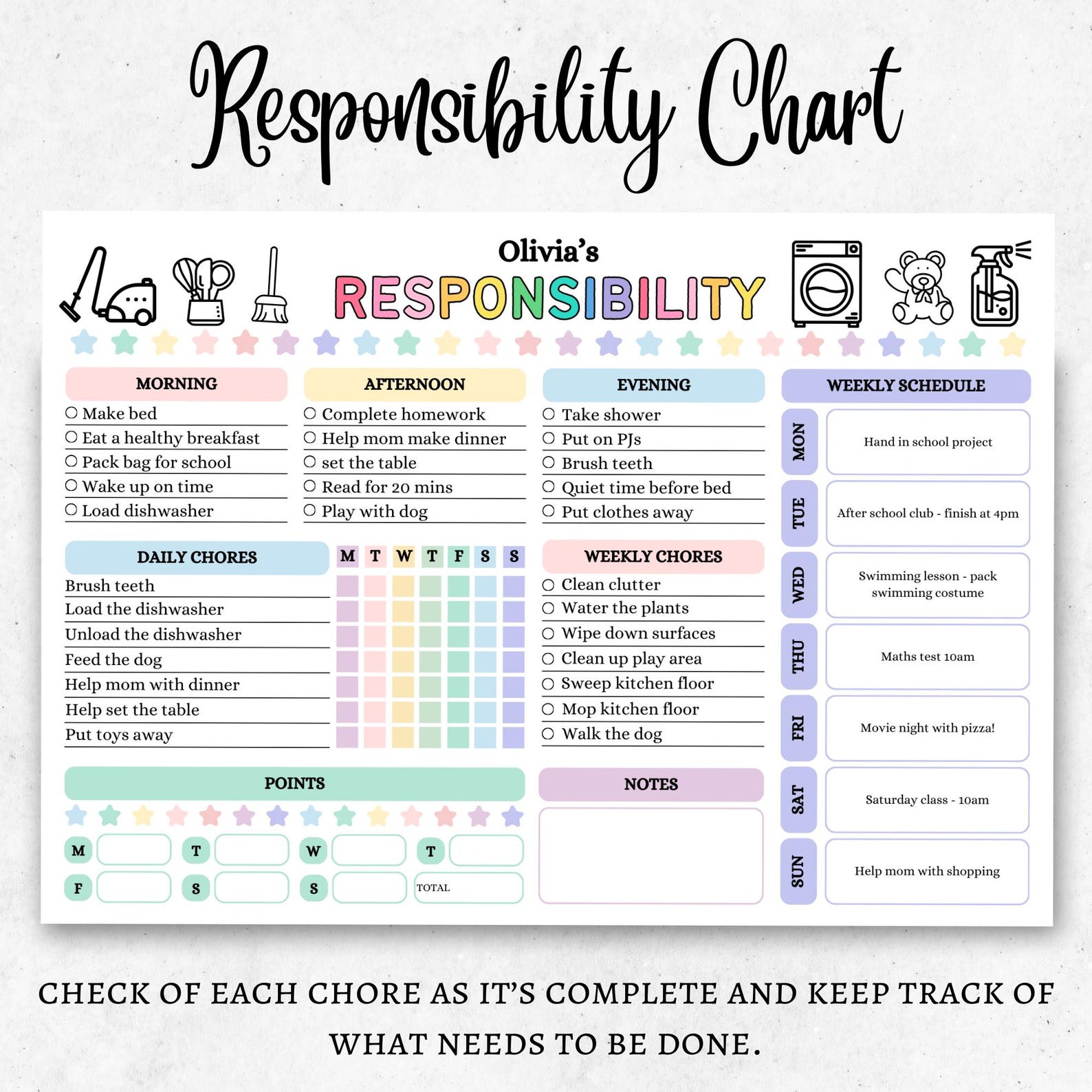Editable Responsibility Chore Chart for Kids | Printable | Kids Daily ...