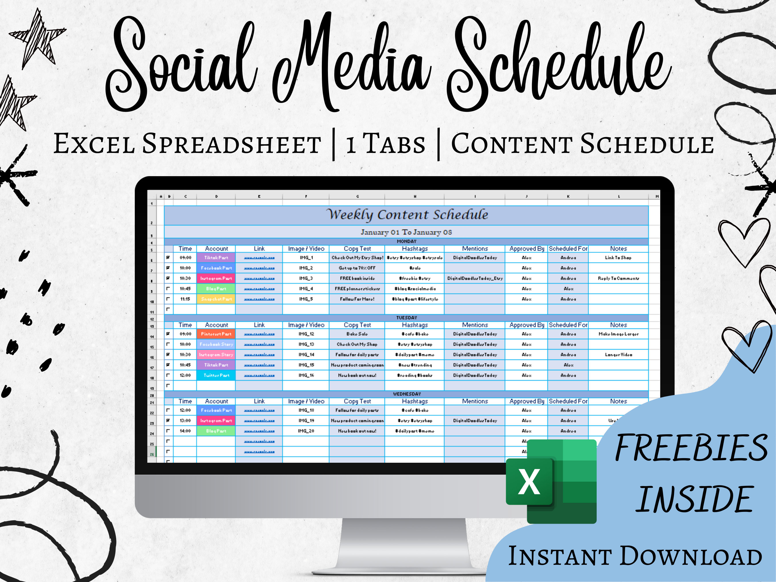 Weekly Social Media Content Schedule Excel Spreadsheet | Social Media ...