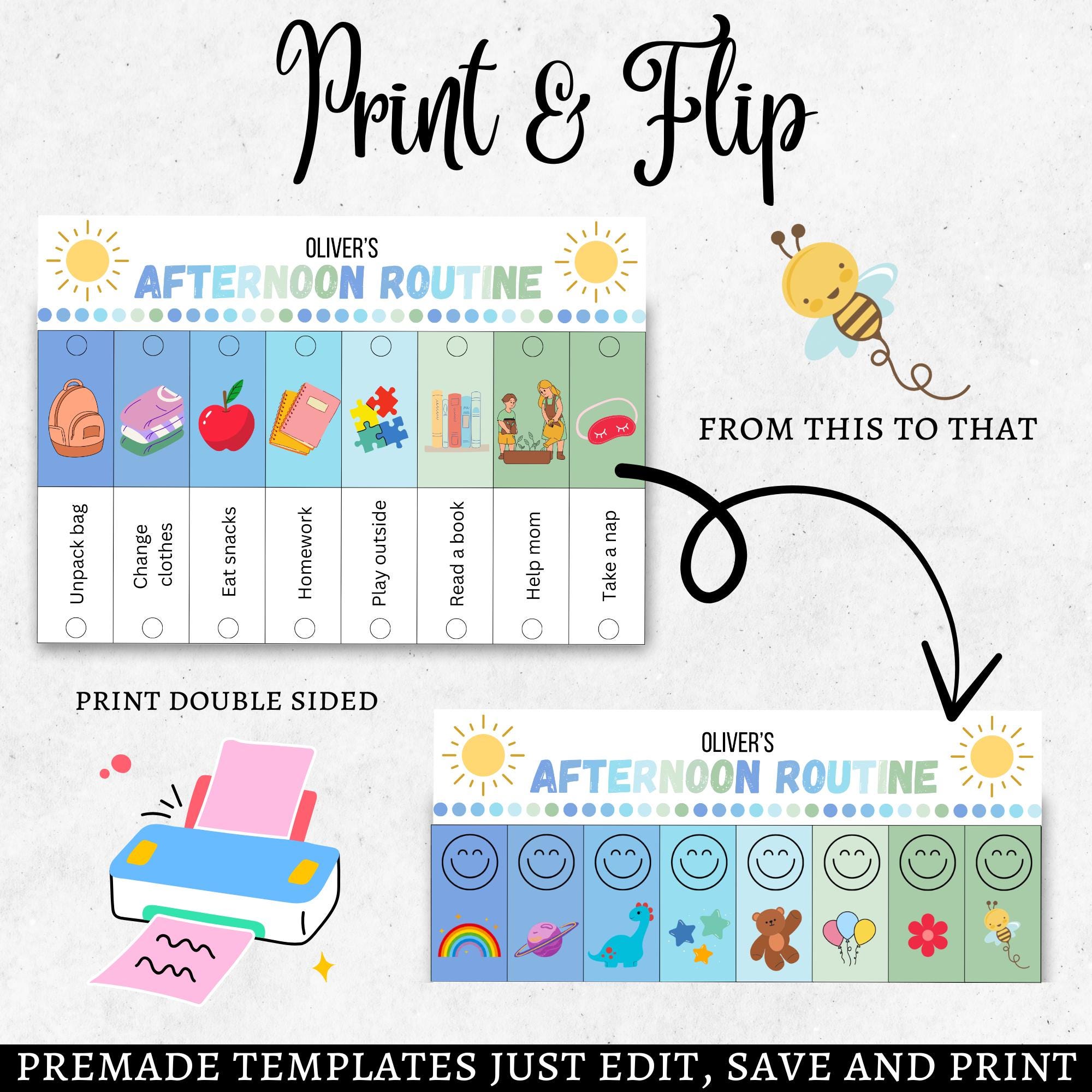 Kids Flip Routine Chart Editable Printable, Morning Evening Bedtime ...