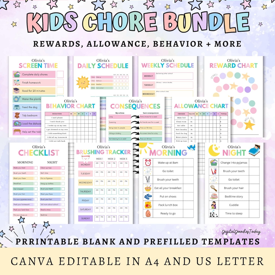Editable Kids Chore Chart Bundle, School, Reward, Allowance, Daily ...