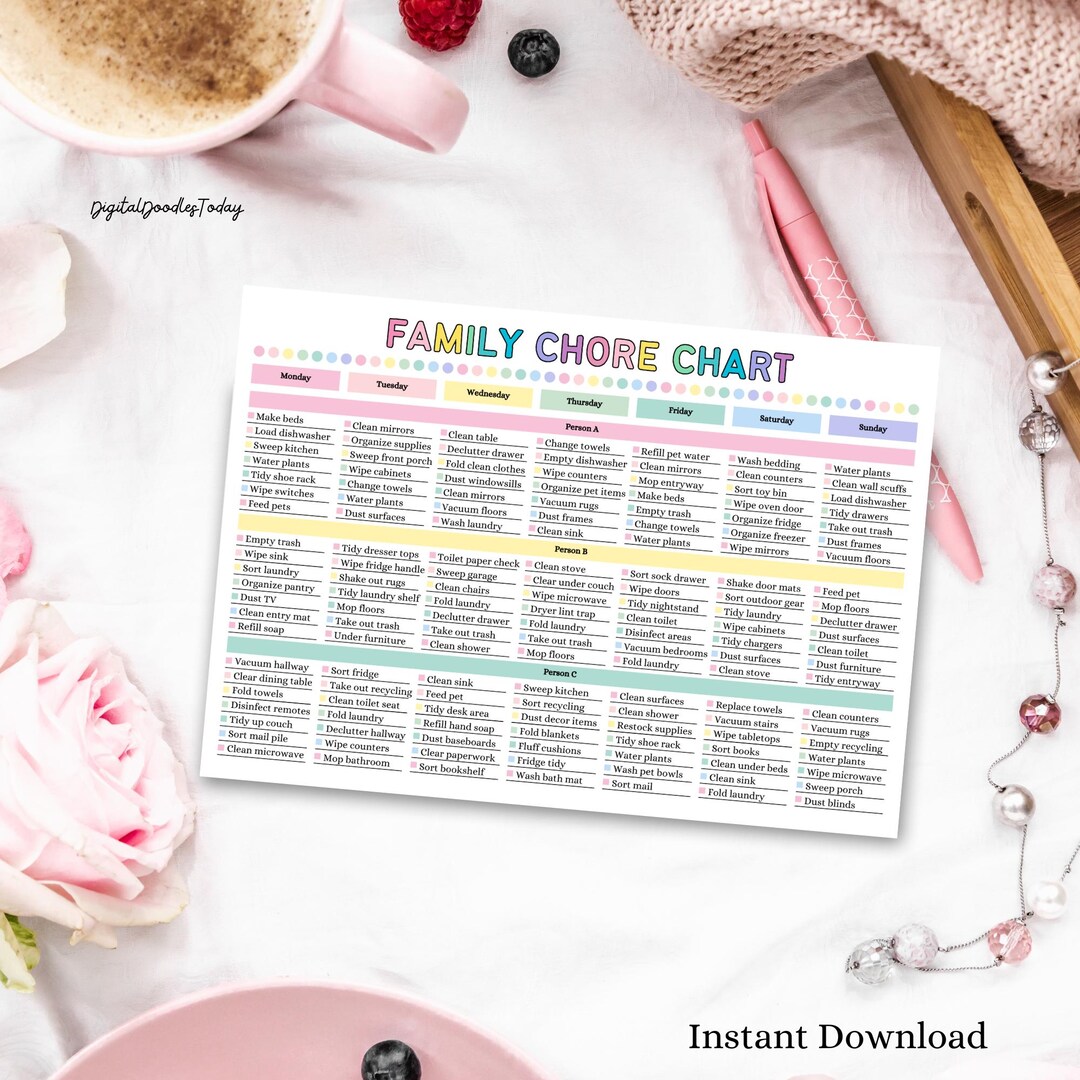Editable Family Chore Chart, Printable Weekly Chore List, Adults Chore ...