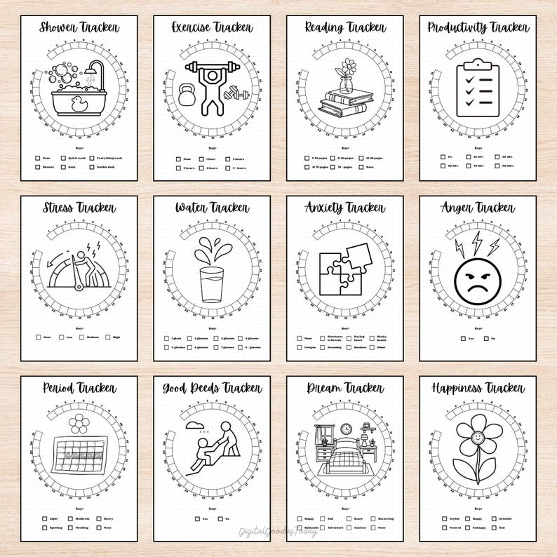 Bullet Journal Trackers, Undated, 40 Monthly Trackers BUJO With Doodles ...