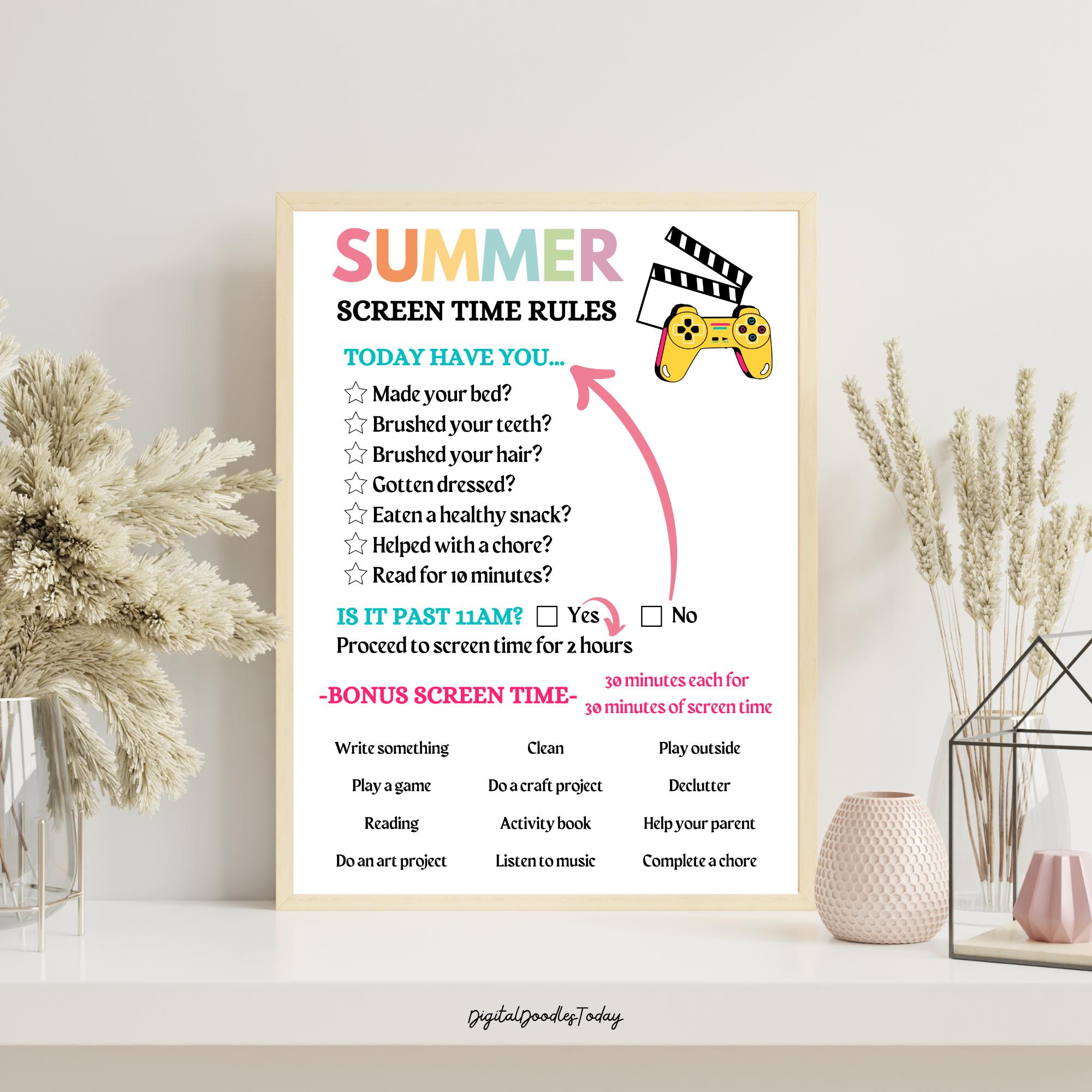 Summer Screen Time Checklist Printable, Screen Time Rules, Editable ...