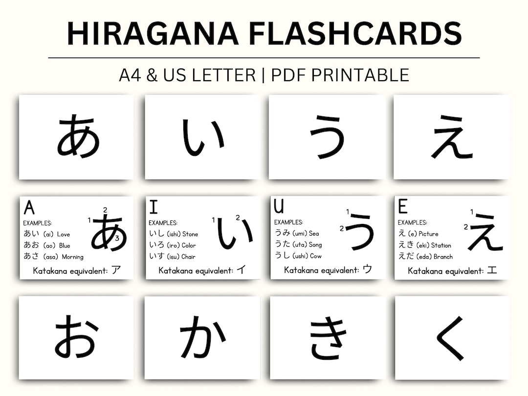 Japanese Hiragana Flashcards, Hiragana Printable Flashcards, Japanese ...