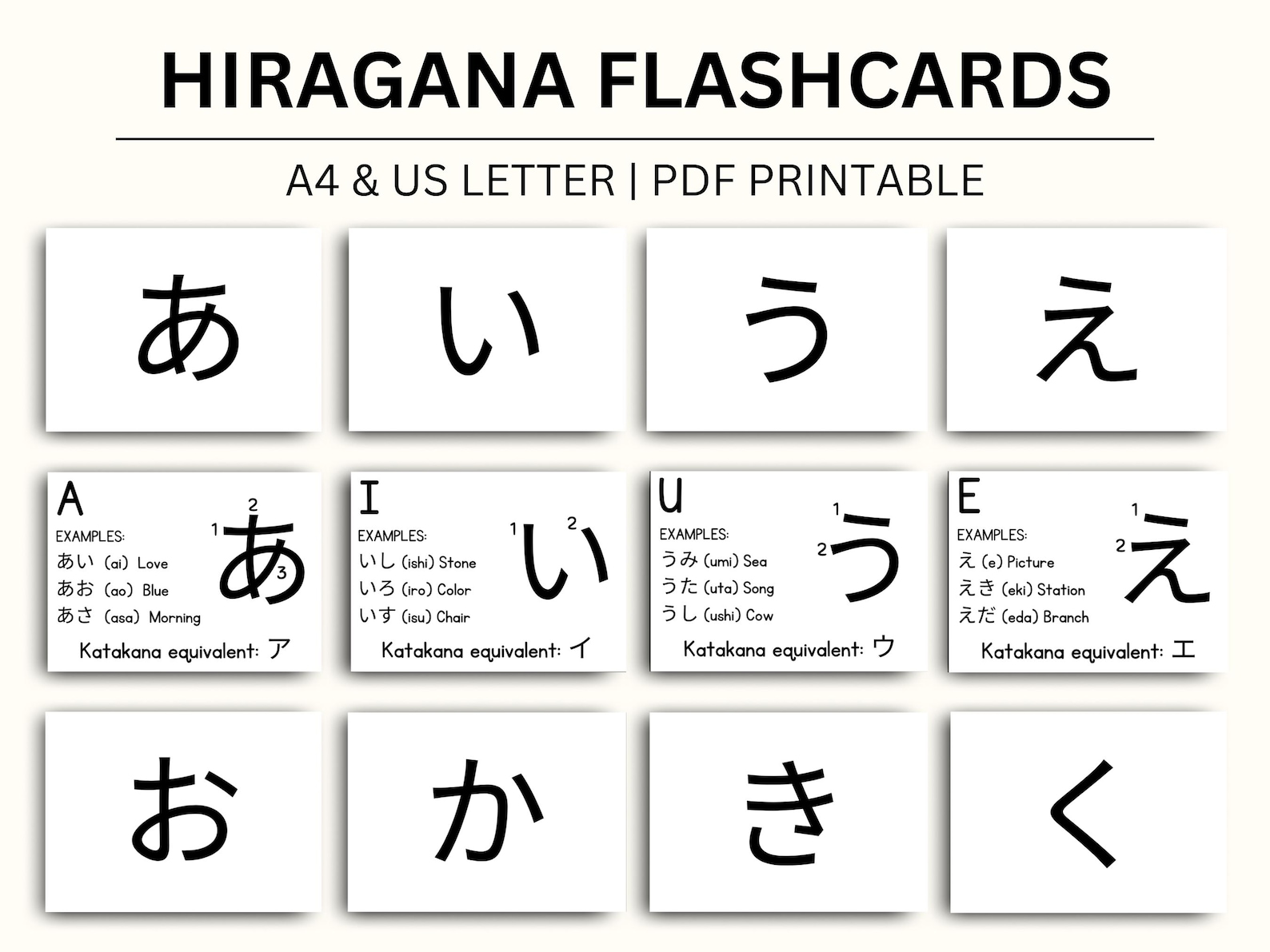 Japanese Hiragana Flashcards, Hiragana Printable Flashcards, Japanese ...