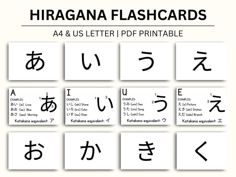 Japanese Hiragana Flashcards, Hiragana Printable Flashcards, Japanese ...