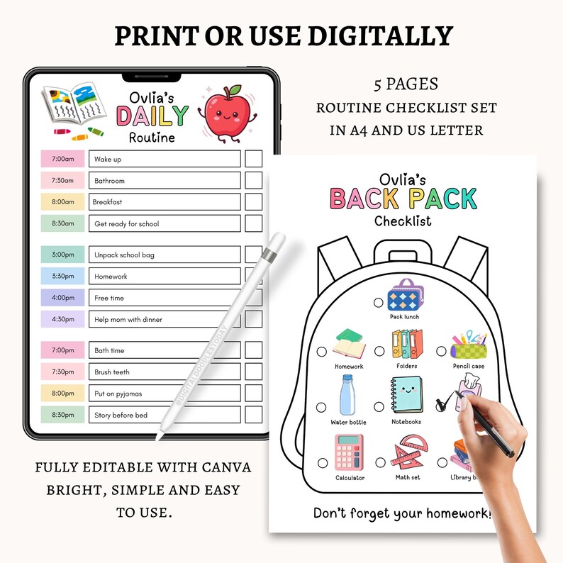 Editable Daily Checklist for Kids, Routine Chart for Kids, Backpack ...