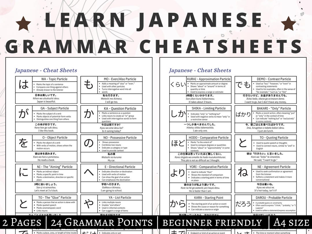 Japanese Cheat Sheets Particles, Grammar Points, Beginner Friendly ...
