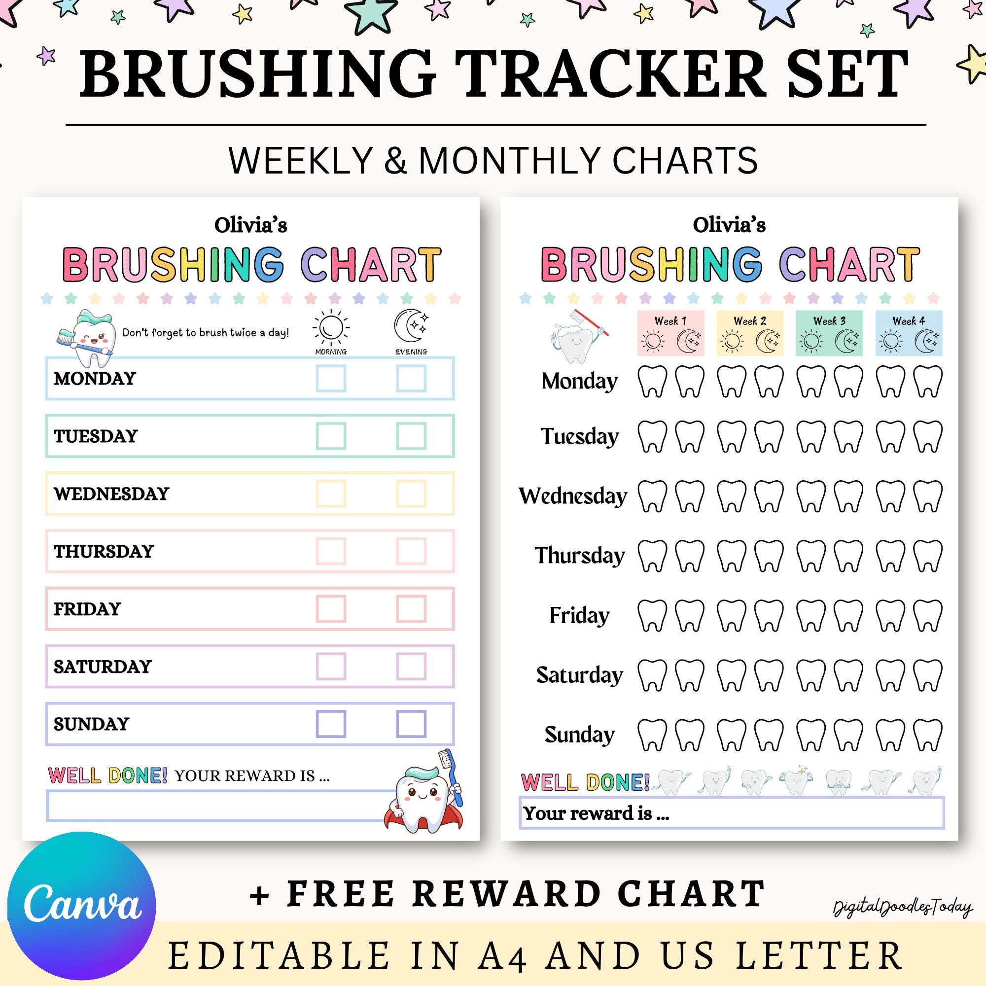 Editable Kids Brushing Teeth Chart, Printable Brushing My Teeth Chart ...